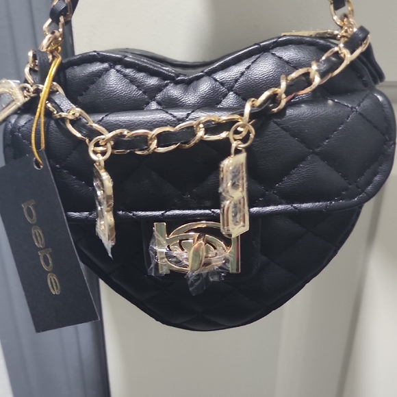 bebe | Bags | Bebe Black Quilted Heart Mini Bag With Gold Chain | Poshmark